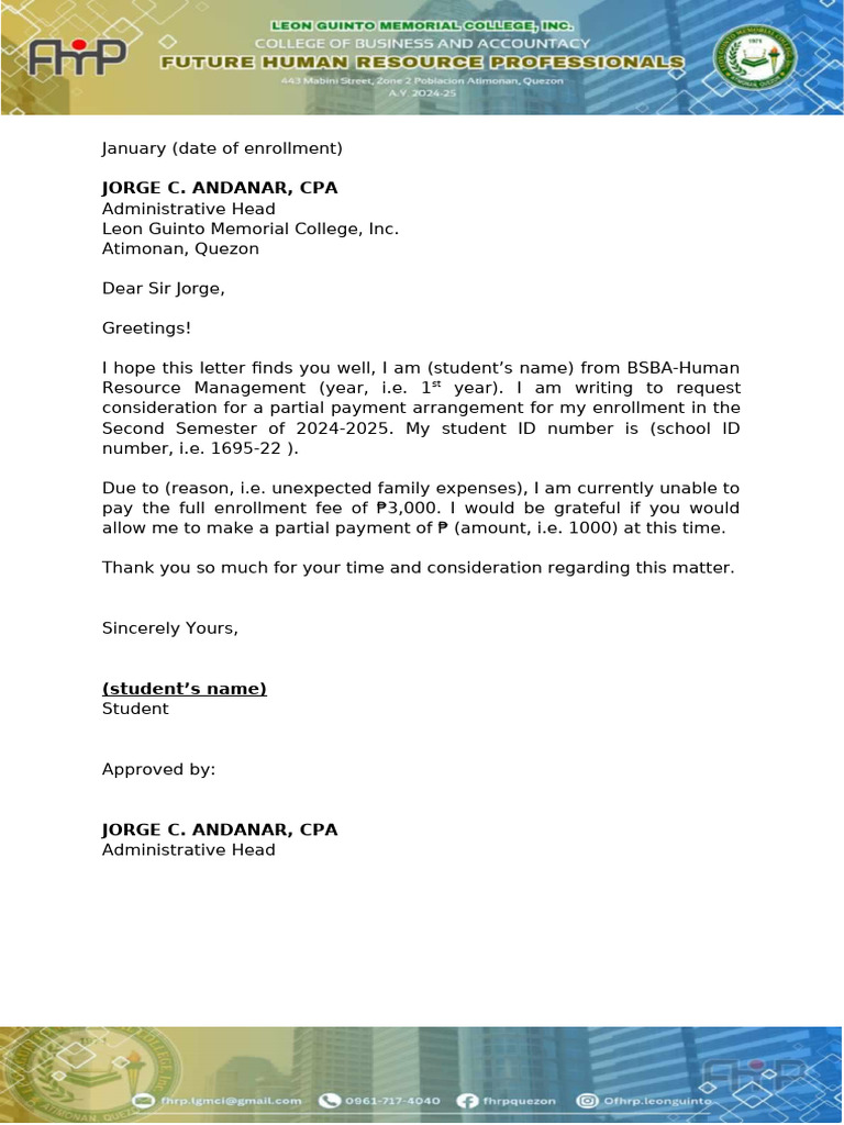 Enrollment Fee Partial Payment Request | PDF