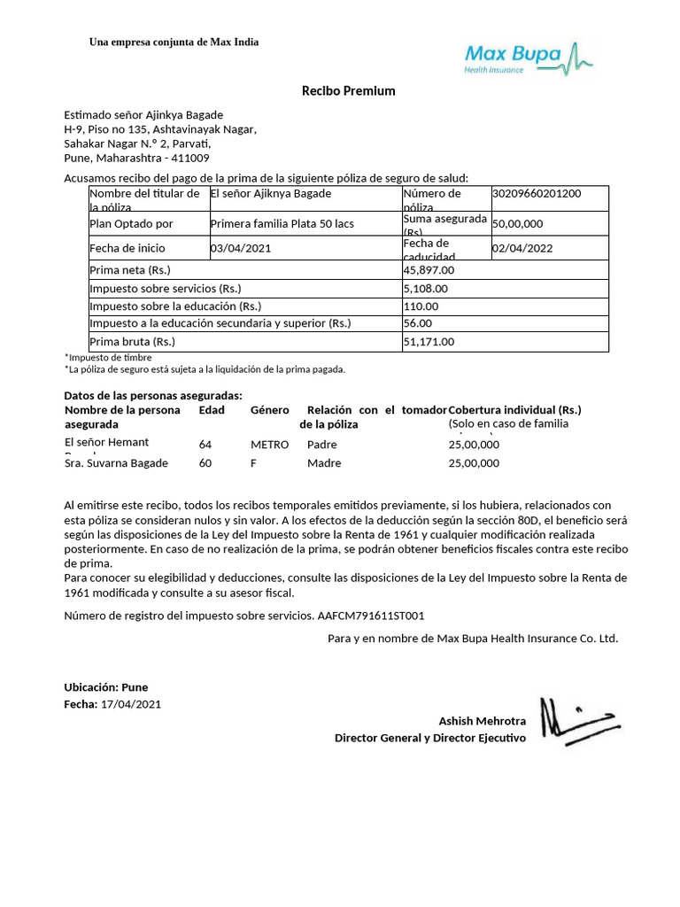 Recibo de Prima de Seguro Médico - Familiar | PDF | Póliza de seguros | Seguro