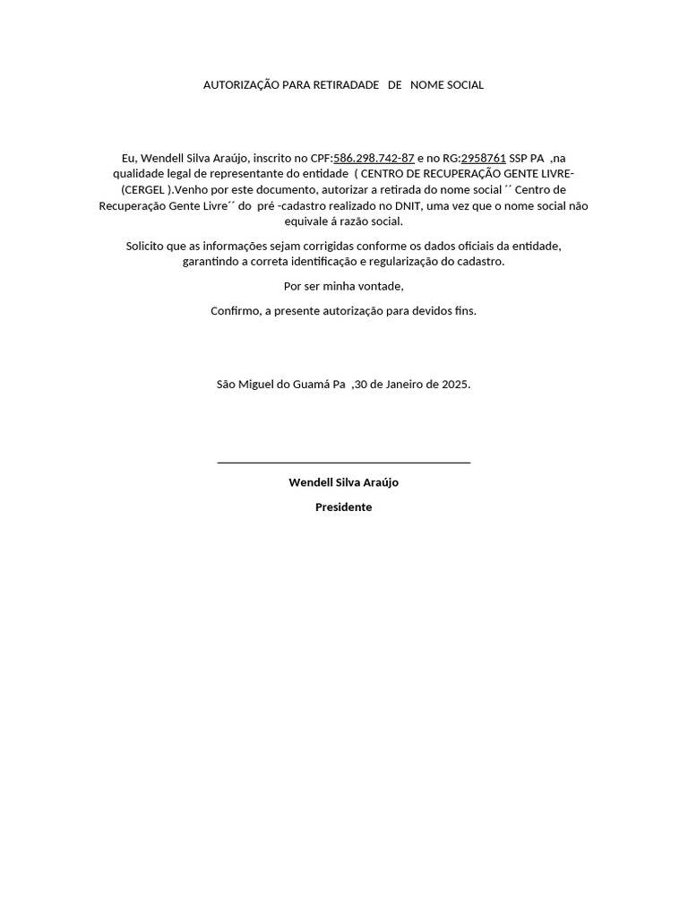 AUTORIZAÇÃO PARA RETIRADADE DE NOME SOCIAL Cergel | PDF