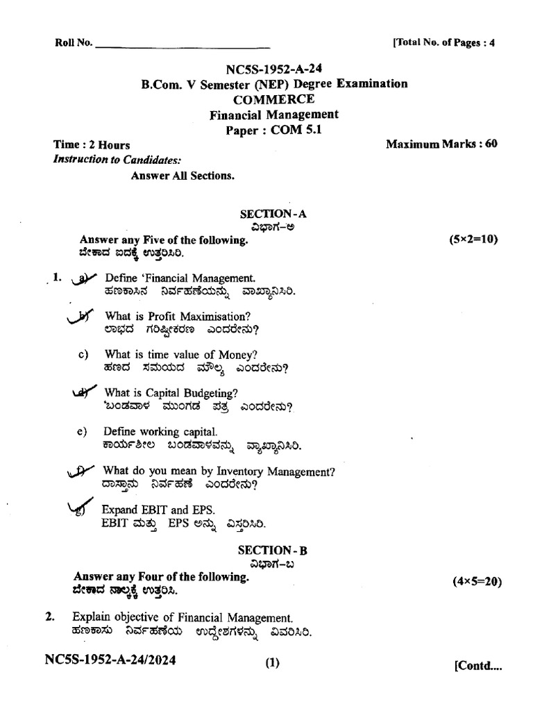 Bcom 5 Sem Commerce Financial Management Nc5s 1952 a 2024 | PDF