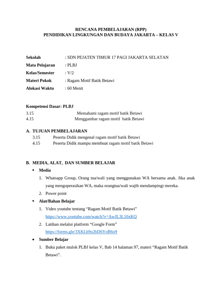 RPP PLBJ KELAS V BAB 14 Ragam Motif Batik Betawi | PDF