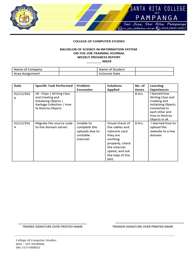 SRC Ccs Frm011 Ojt Journal | PDF | Software | Computer Programming