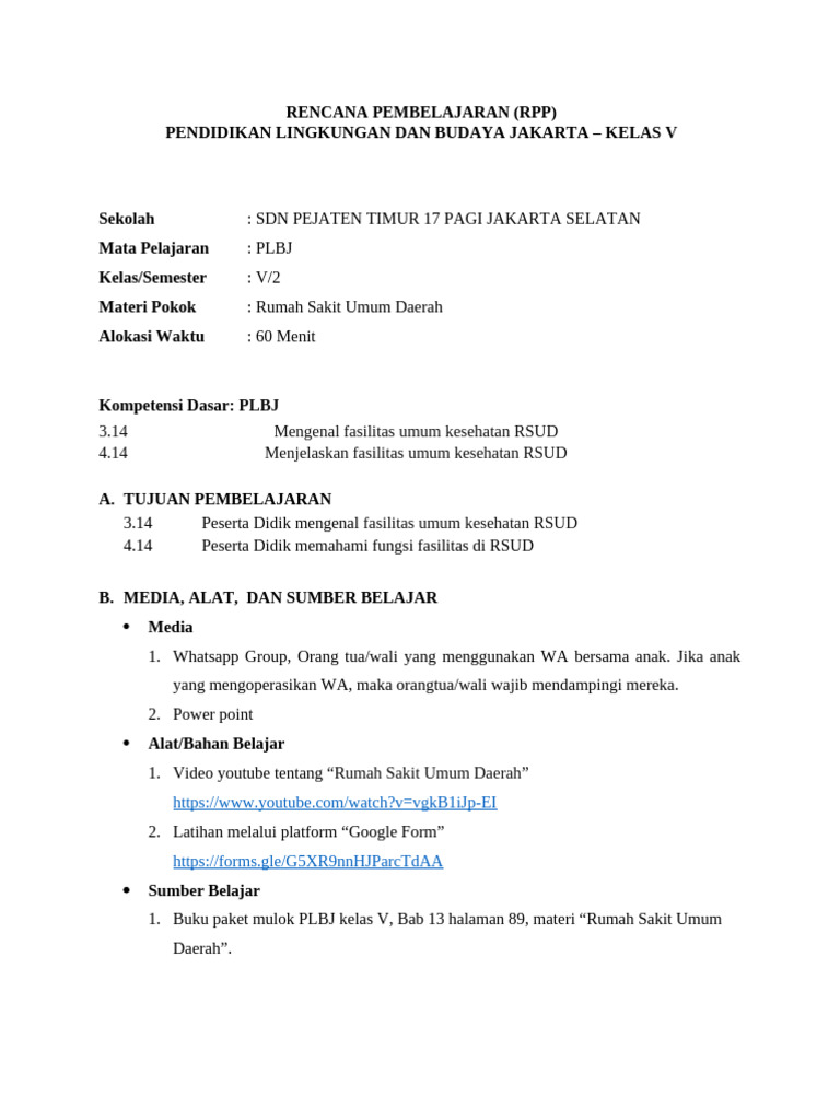 RPP PLBJ KELAS V BAB 13 Rumah Sakit Umum Daerah | PDF