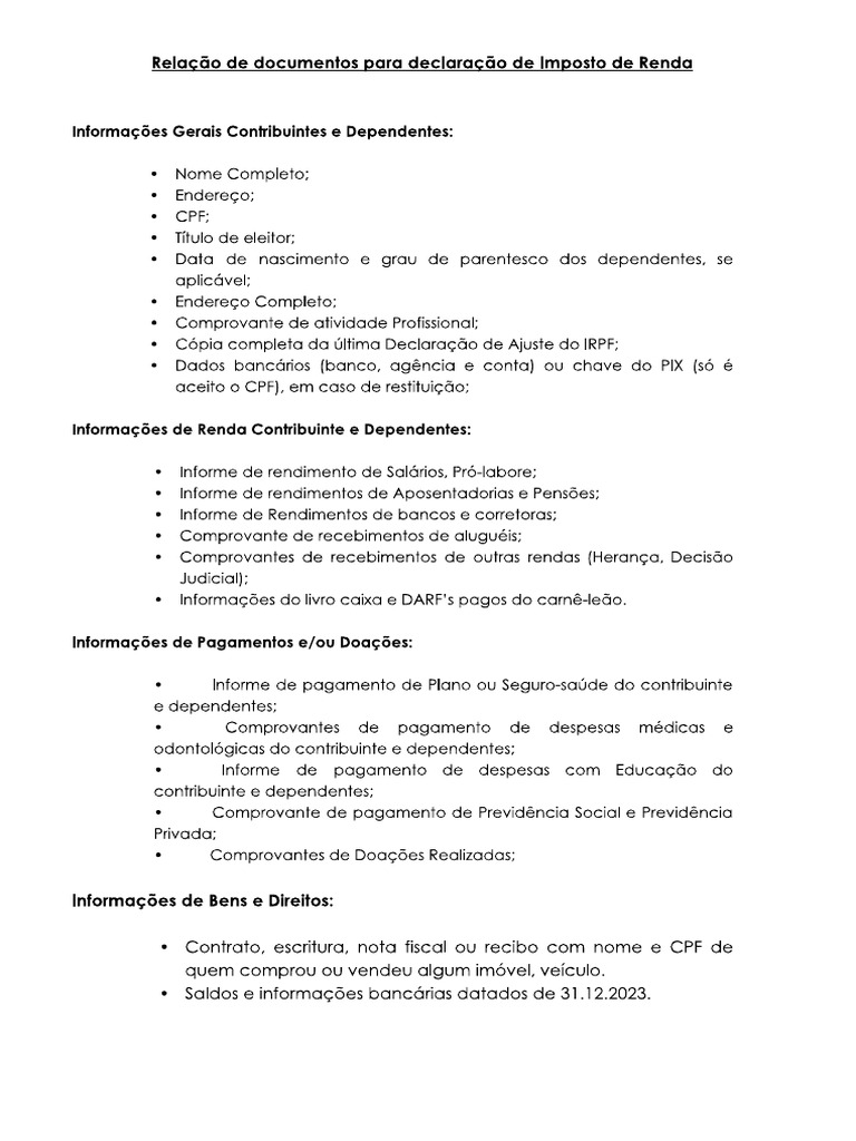 Checklist Documentos Irpf 2024 | PDF
