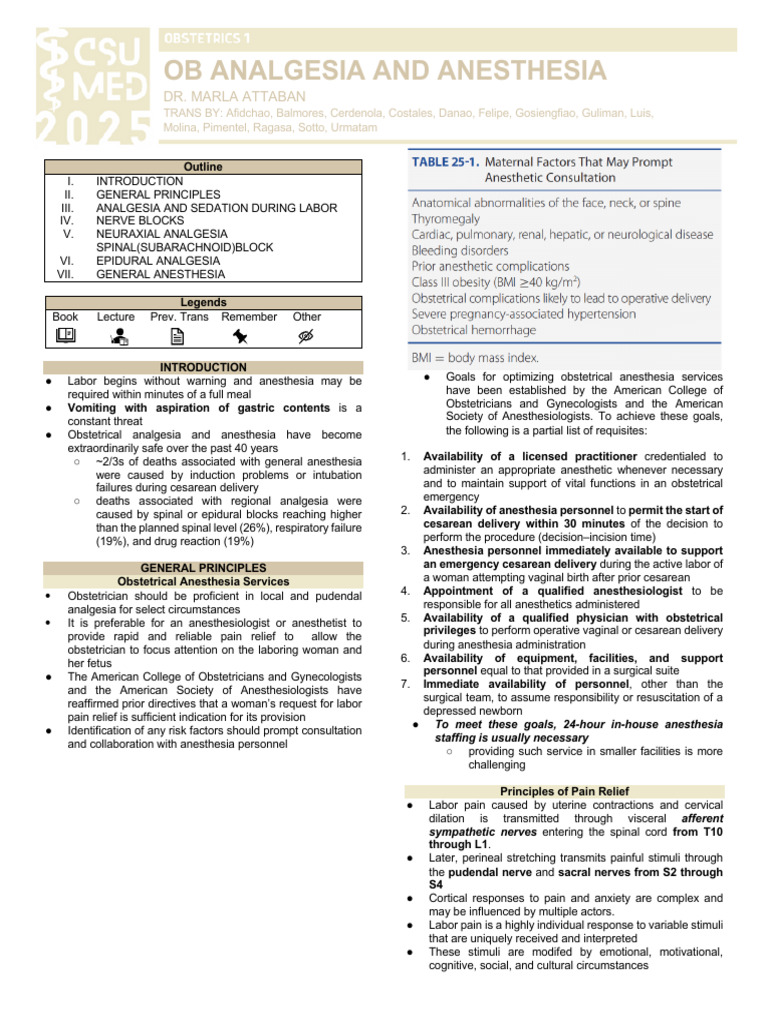 5 - Ob Analgesia and Anesthesia | PDF | Anesthesia | Childbirth