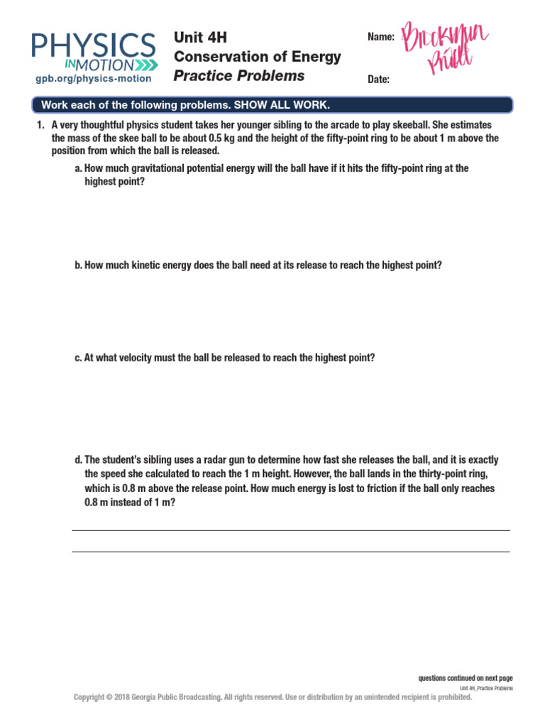 Unit 4H Practice Problems | PDF | Kinetic Energy | Friction