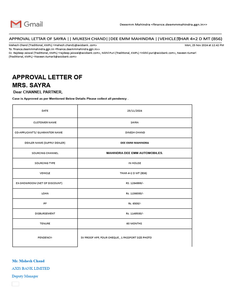 Axis Bank Approval Letter | PDF