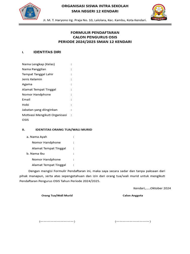 Formulir Pendaftaran Osis | PDF