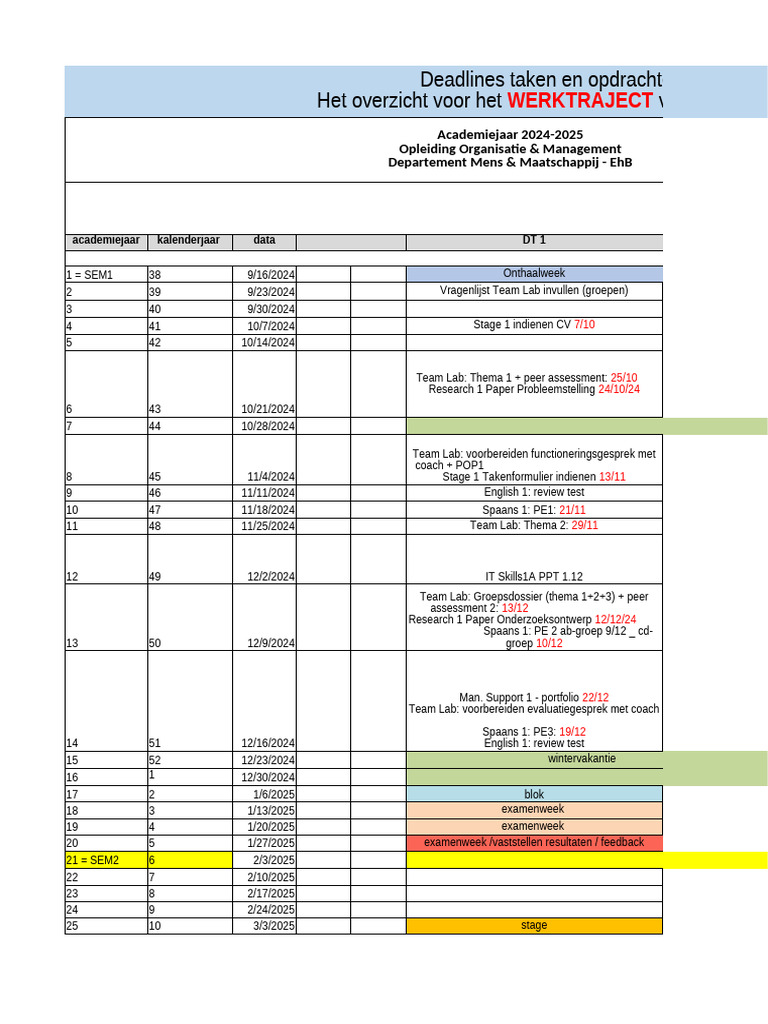 24-25 Deadlines Taken-Opdrachten Sem 1 | PDF