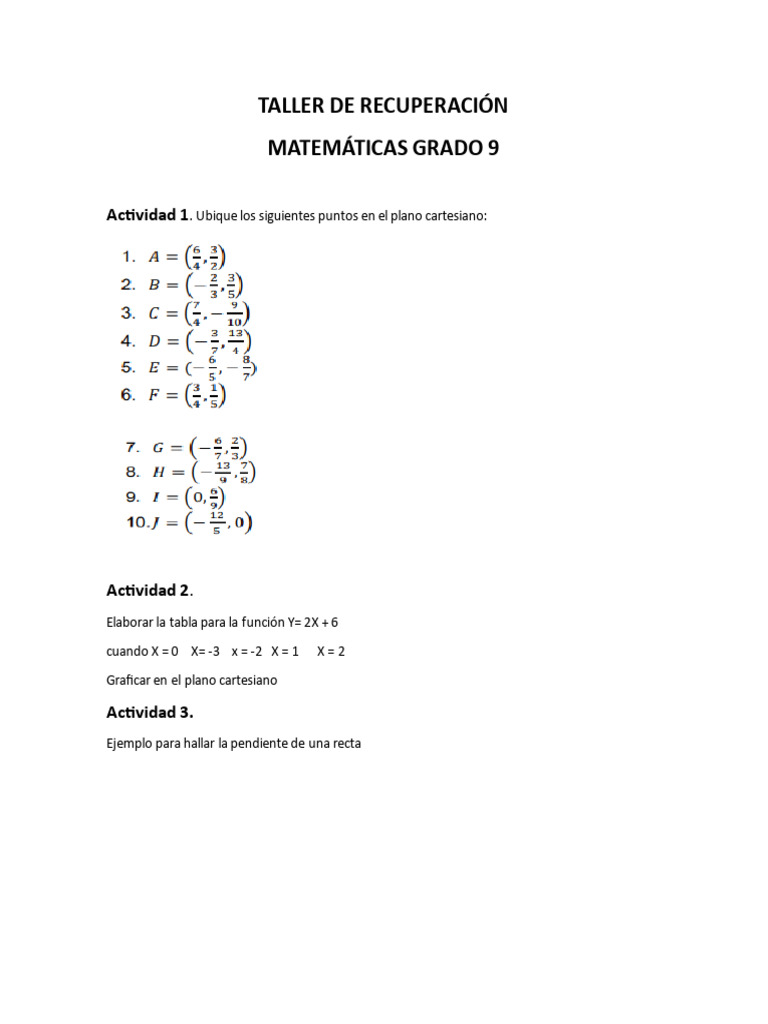 9 Taller de Recuperación Matemáticas Grado 9 | PDF