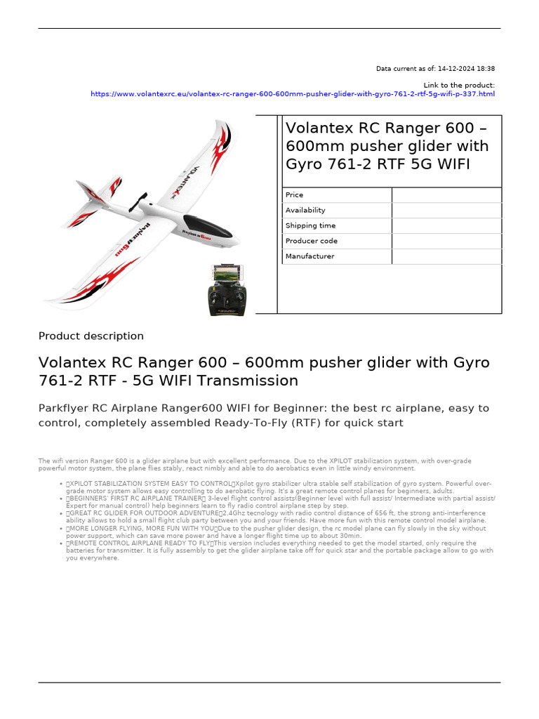 Volantex RC Ranger 600 600mm Pusher Glider With Gyro 761 2 RTF 5g Wifi ...