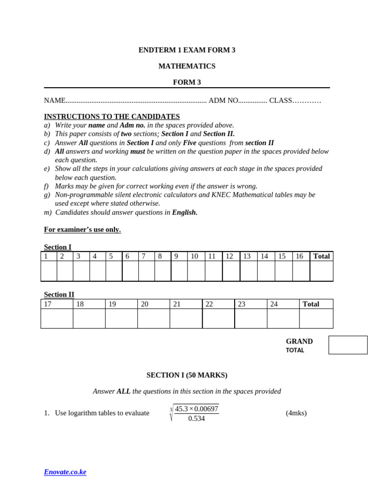 Endterm 1 Exam Maths Form 3 q | PDF | Circle | Mathematics