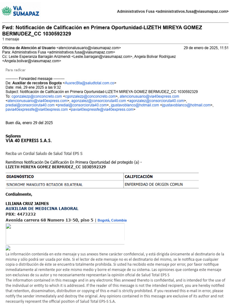 Notificación de Calificación en Primera Oportunidad-LIZETH MIREYA GOMEZ ...