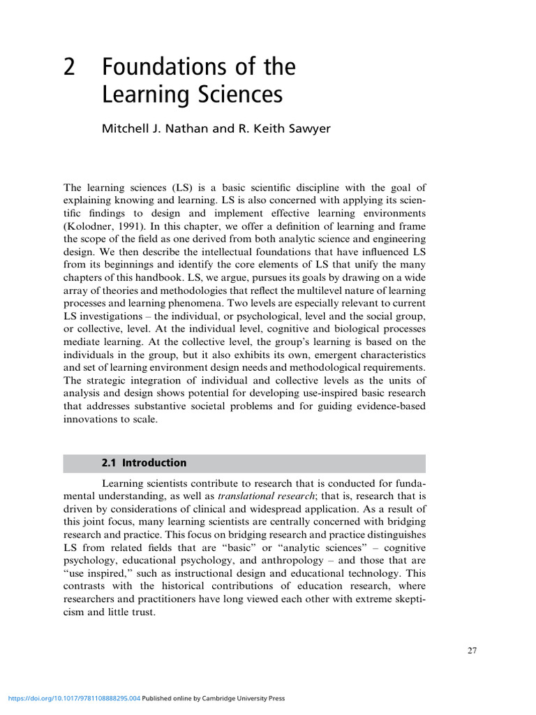 Nathan and Sawyer - 2022 - Foundations of the Learning Sciences | PDF ...