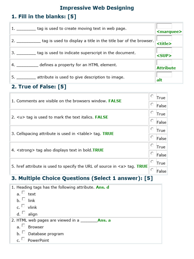 11th IT - 3) Impressive Web Designing - MCQ | PDF | Html Element | Html