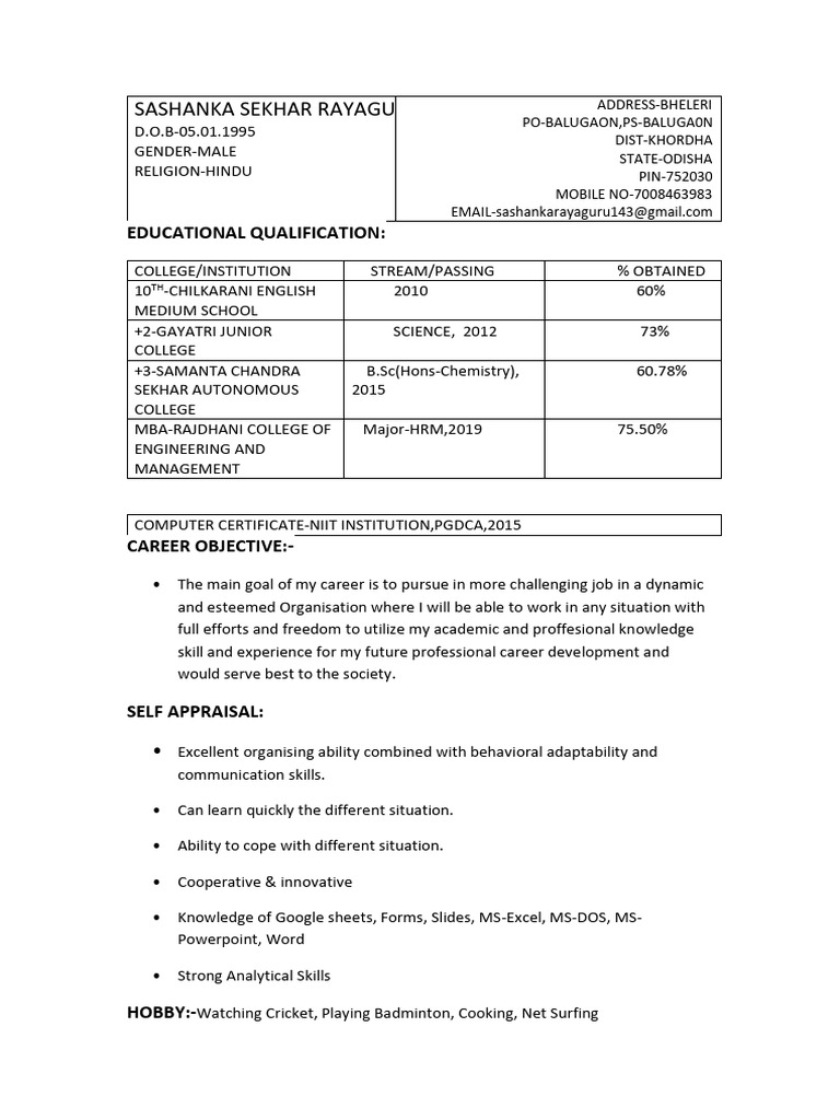 Resume of Sashanka Sekhar Rayaguru | PDF