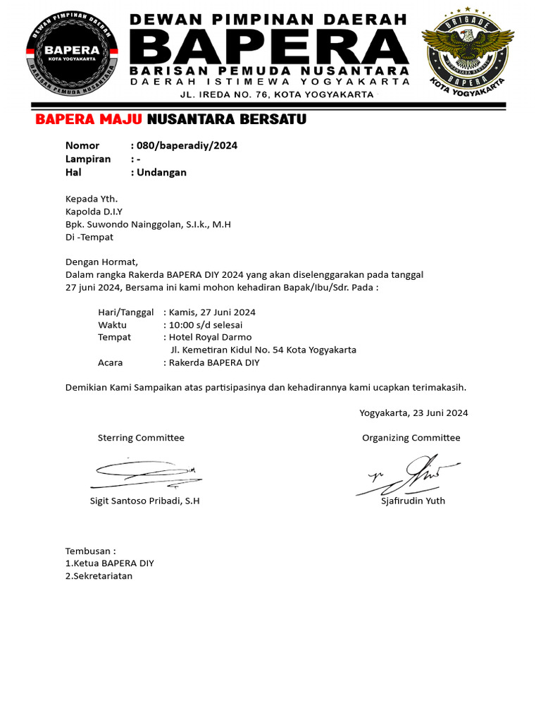 Surat Untuk Tamu Undangan Rakerda Bapera 2024 | PDF