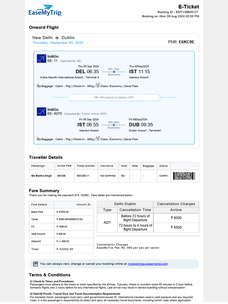 EaseMyTrip Flight E-Ticket for flights (1) | PDF | Travel Visa