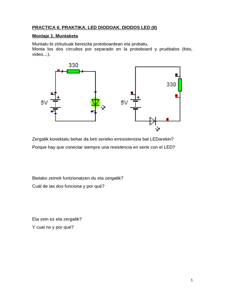 PRACTICA 6. PRAKTIKA . LED DIODOAK (II) | PDF | Diodo emisor de luz ...