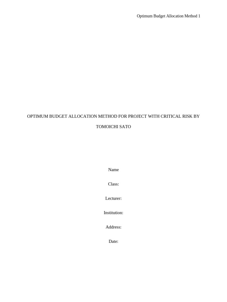 Optimum Budget Allocation Method For Project With Critical Risk by ...