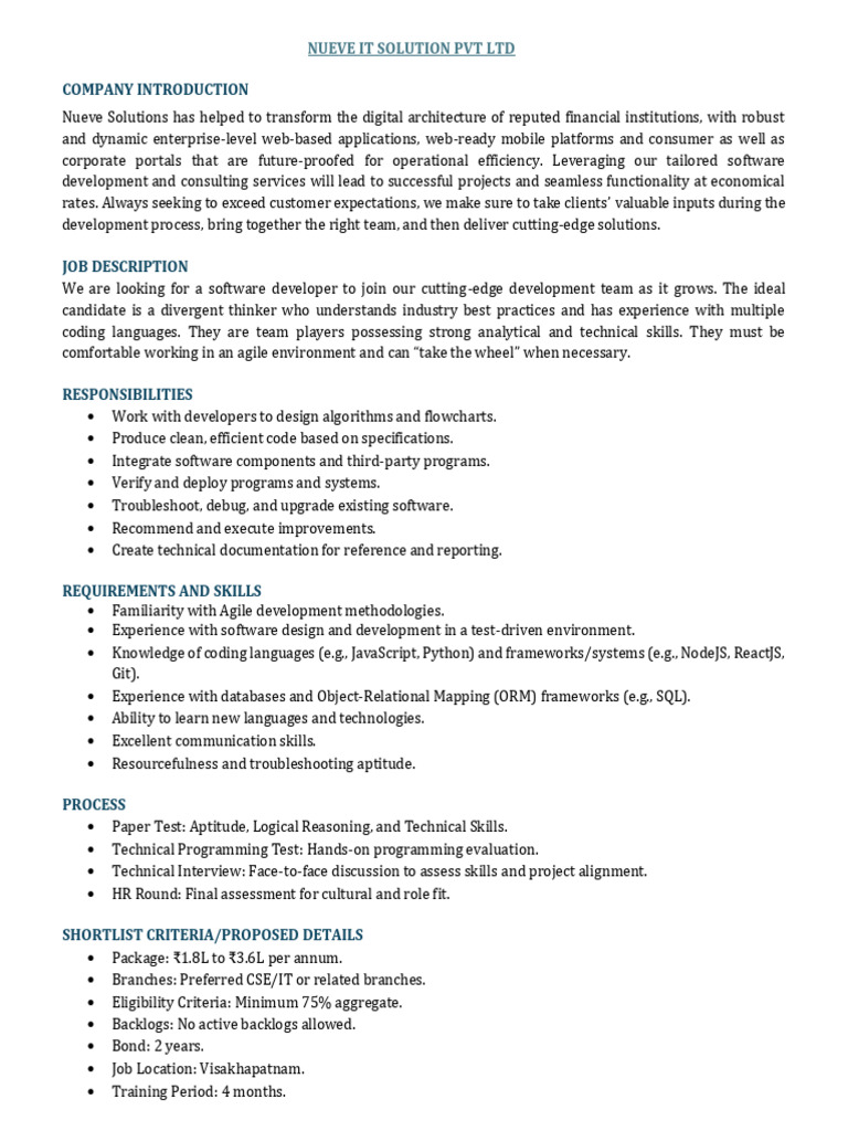 Nueve It Solutions PVT LTD - Fresher JD | PDF | Computer Programming | Software