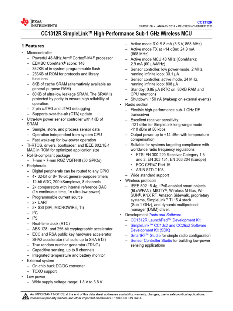 Cc1312R Simplelink™ High-Performance Sub-1 GHZ Wireless Mcu: 1 Features ...