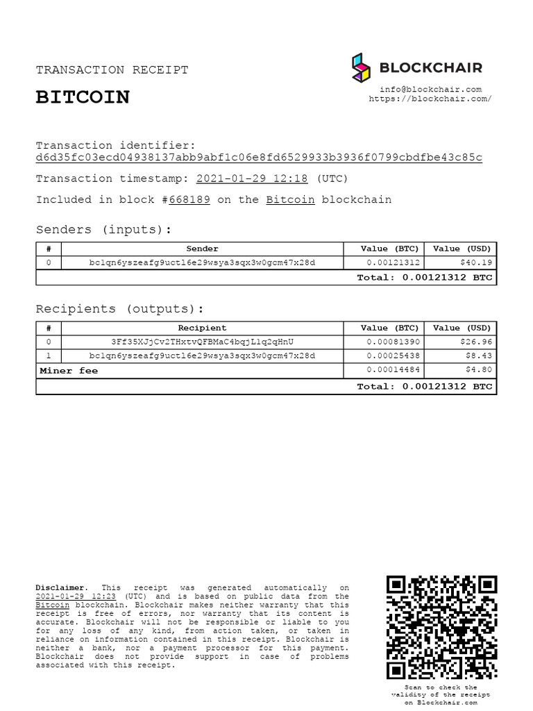 Bitcoin: Transaction Receipt | PDF