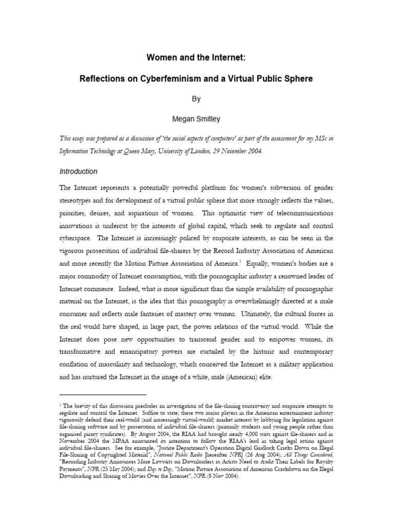 Women and The Internet - Reflections On Cyberfeminism and A Virtual ...