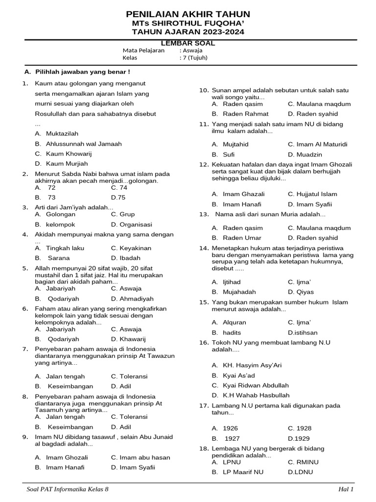 Pat Aswaja Kelas 7 | PDF