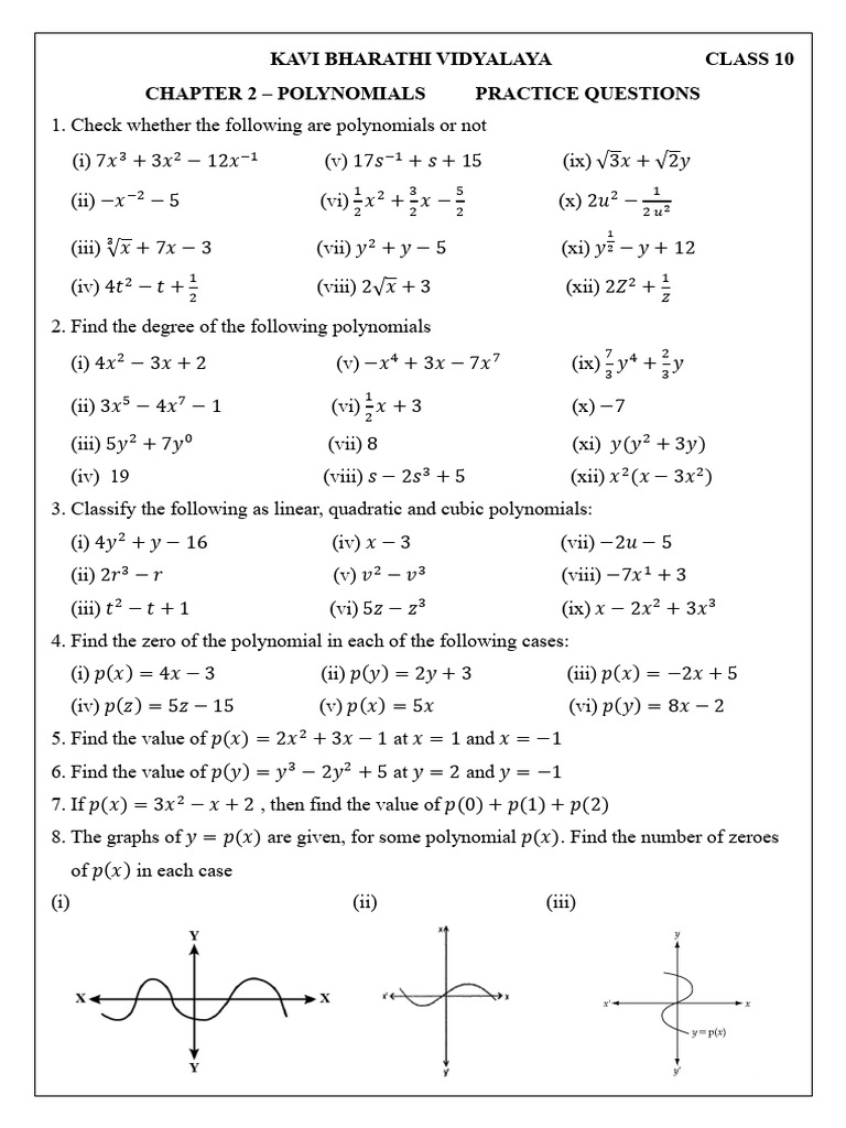 Class 10 Polynomial Exercises | PDF | Zero Of A Function | Polynomial