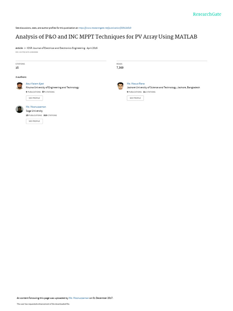Analysis of PO and INC MPPT Techniques For PV Arra | PDF | Energy Harvesting | Electronic ...