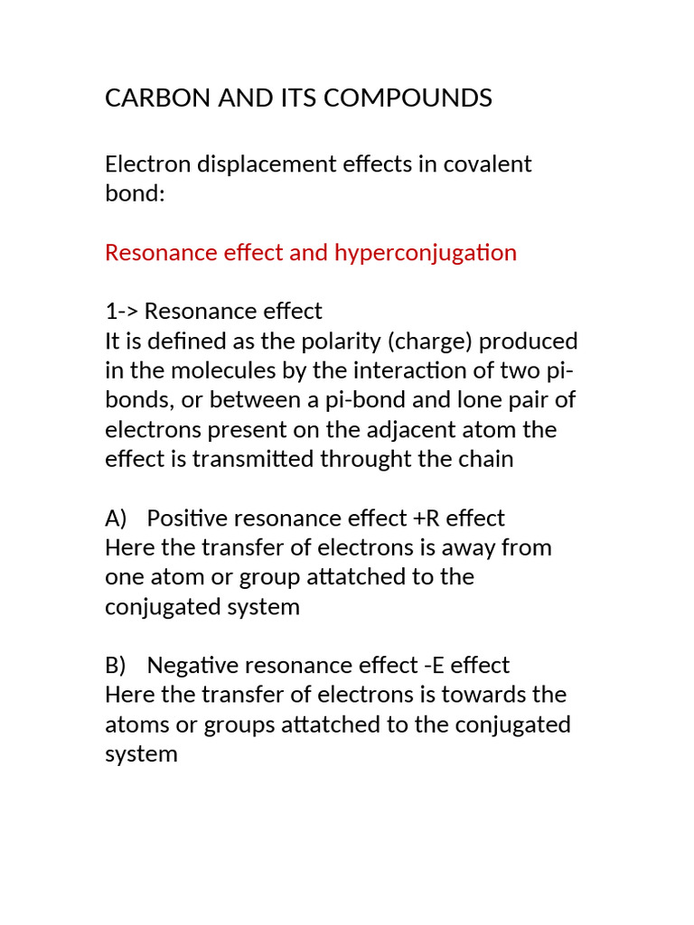 CARBON AND ITS COMPOUNDS ( Resonance effect and Hyperconjugation) | PDF