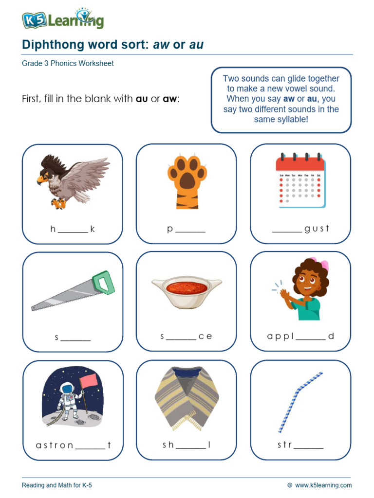 Diphthong Word Sort - Aw or Au Olivia | PDF