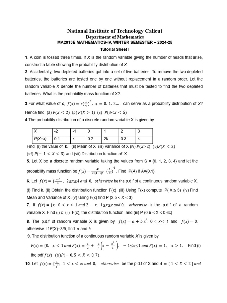 MA2013E Tutorial Sheet 1 | PDF | Probability Density Function | Probability Distribution
