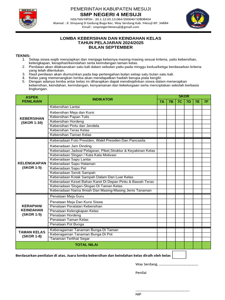 LOMBA KEBERSIHAN DAN KEINDAHAN KELAS | PDF