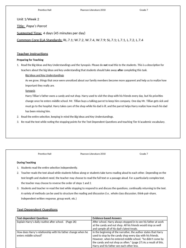 Papas Parrot. Lesson - Anthology | PDF | Cognition | Learning