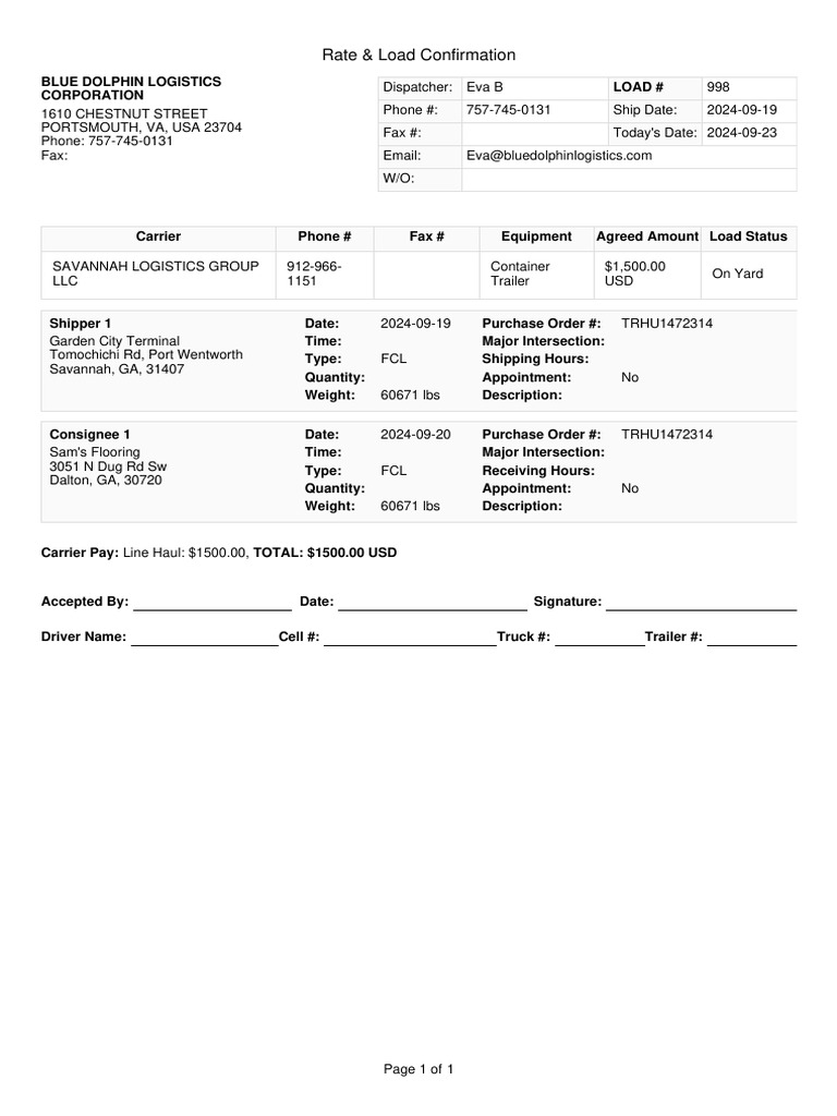 Load Confirmation 998 | PDF