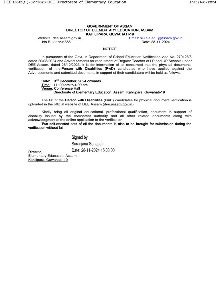 Notice - Document Verification of PWD Candidates 28 11 2024 | PDF