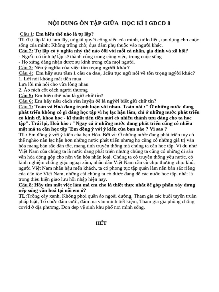 GỞI CHO HSNỘI DUNG ÔN TẬP GDCD 8 | PDF