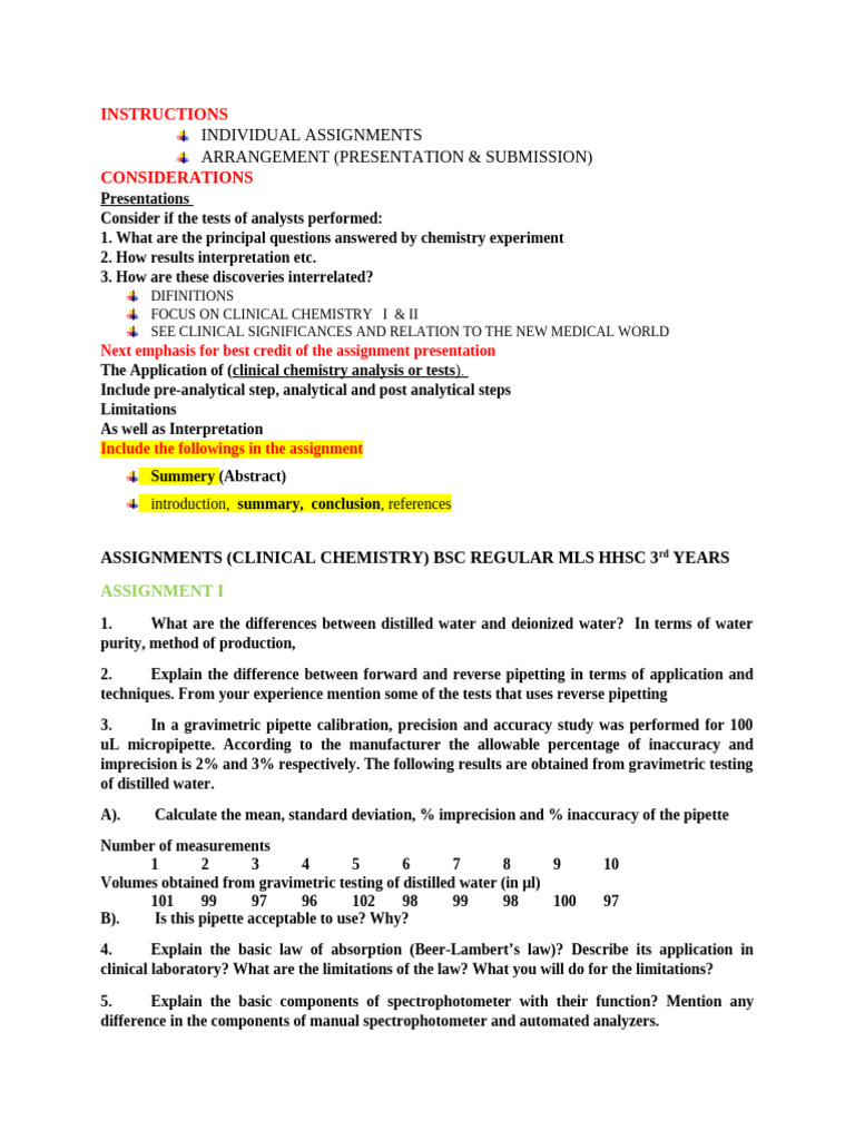Assignments Clinical BSC Regular 3rd Years MLS Clinical Chemistry | PDF ...