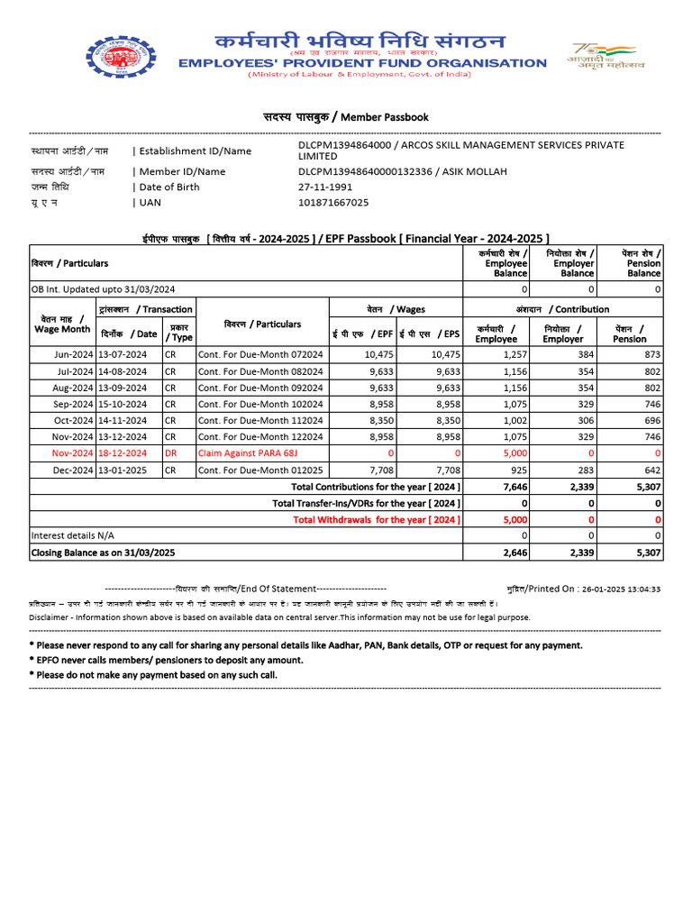 EPF Passbook Summary 2024-2025 | PDF | Payments | Taxes