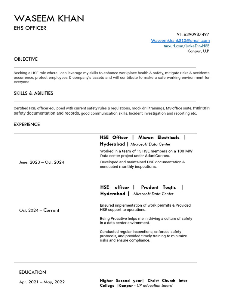 One Read-WaseemKhan Resume EHS | PDF | Safety | Occupational Safety And Health