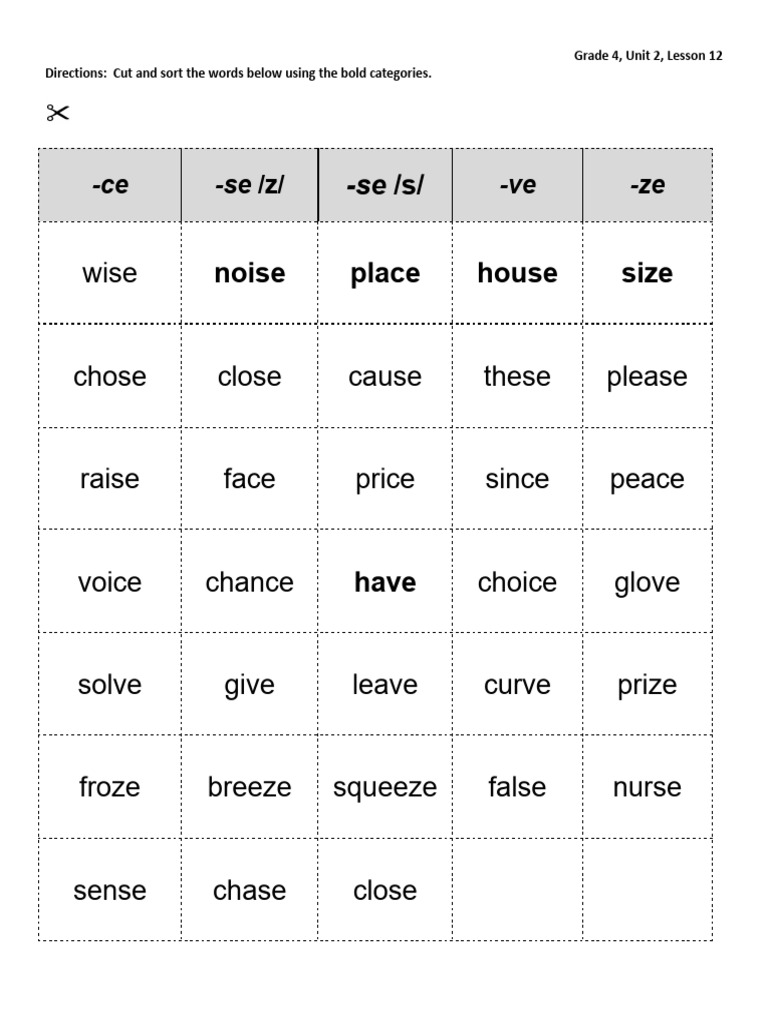 Grade 4.2 Lesson 12 Word Endings (-Ce, - Se, - Ve, - Ze) Partner Word Sort | PDF