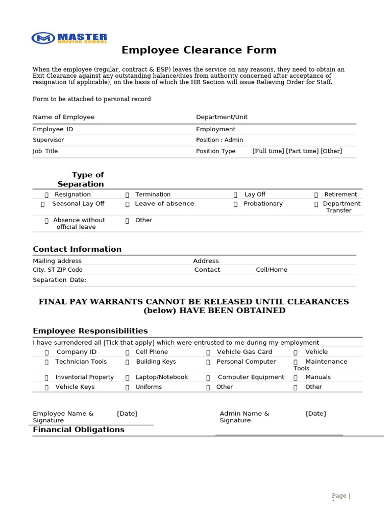 MASTER DRIVING - Employee Clearance Form | PDF | Employment | Credit Card