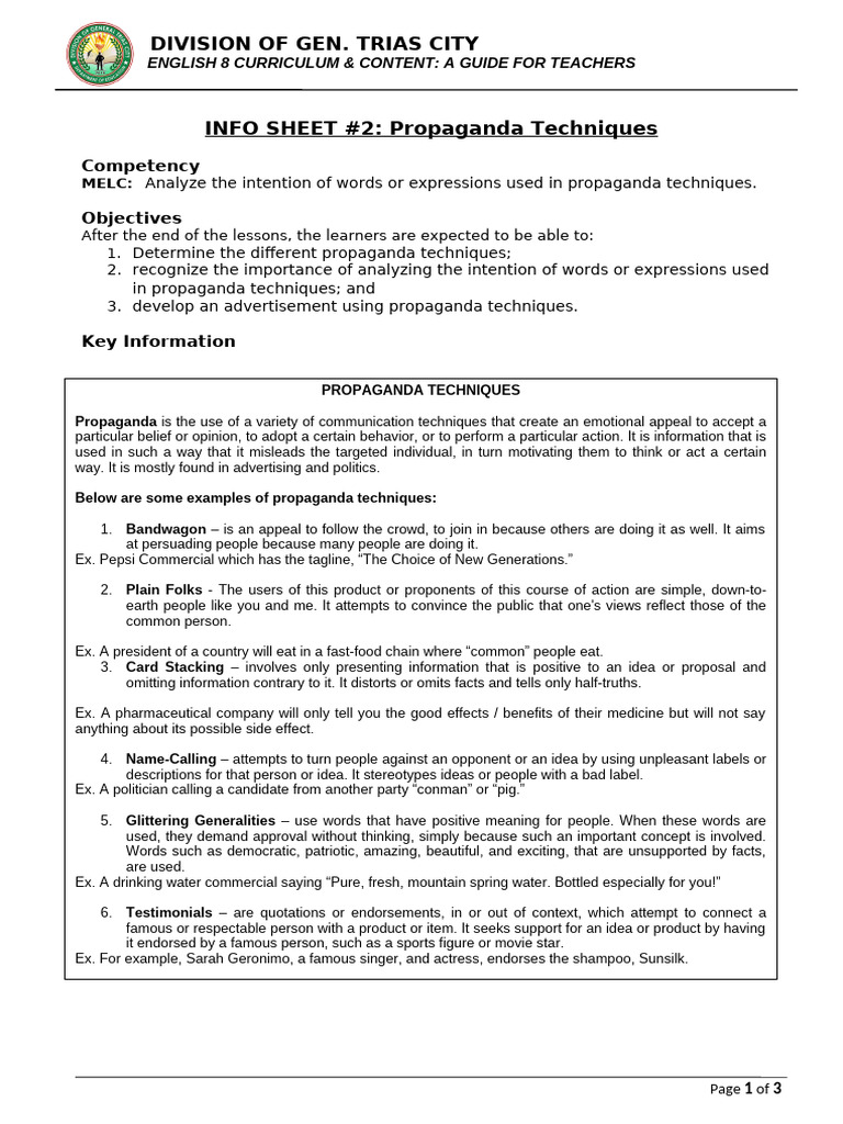 Info Sheet2 Propaganda Techniques | PDF | Propaganda | Advertising