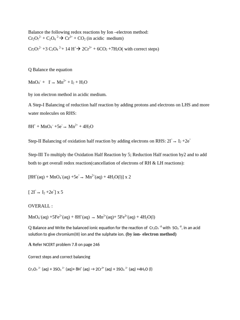Balancing Redox Reactions in Acidic Medium | PDF