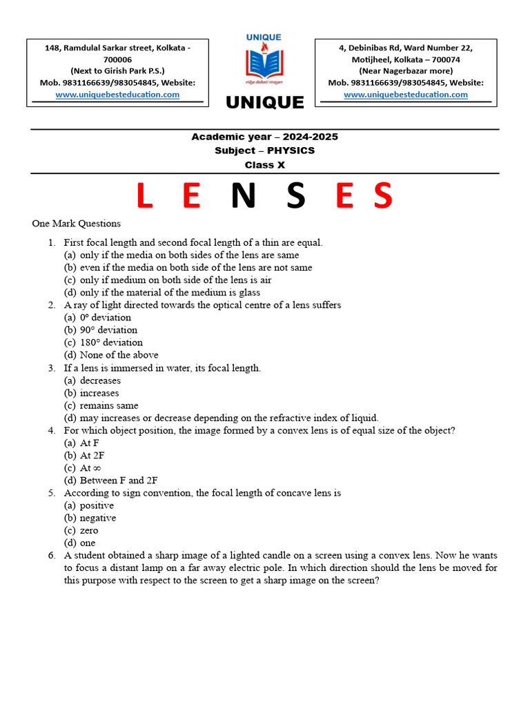 5.lenses Structured Questions | PDF | Applied And Interdisciplinary Physics | Glass Engineering ...