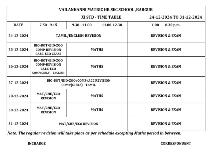 Xi - STD Timetable 2024-2025 (24.12.24-31-12-24) | PDF