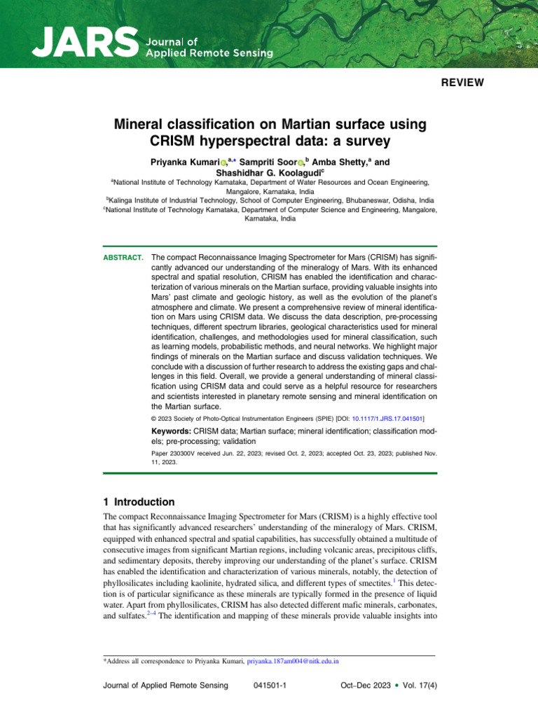 Mineral Classification On Martian Surface Using CRISM Hyperspectral ...