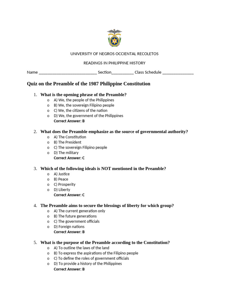 Preamble Quiz With Answer | PDF | Justice | Crime & Violence